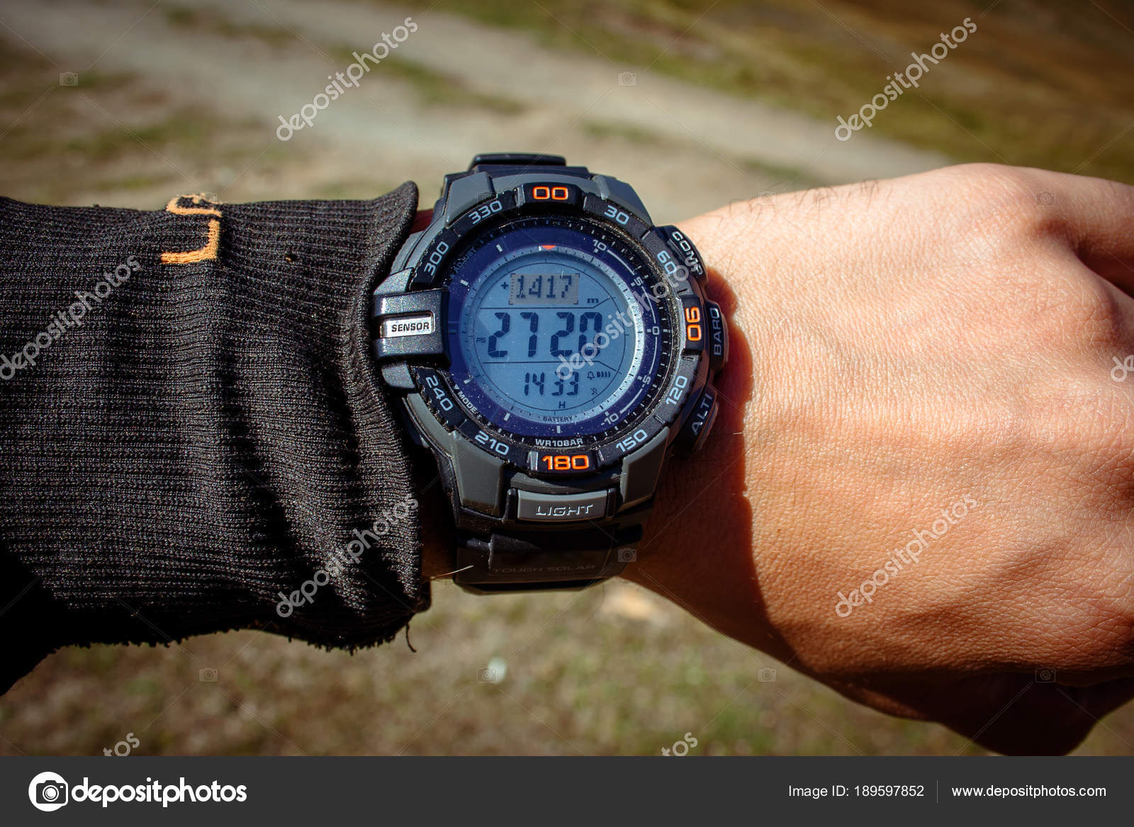 A clock with an altimeter on a sports watch on top of a mountain Stock ...
