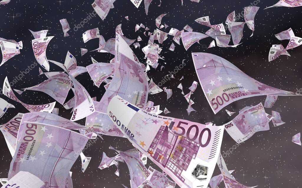 Billetes en euros voladores sobre un fondo estrellado del espacio ...