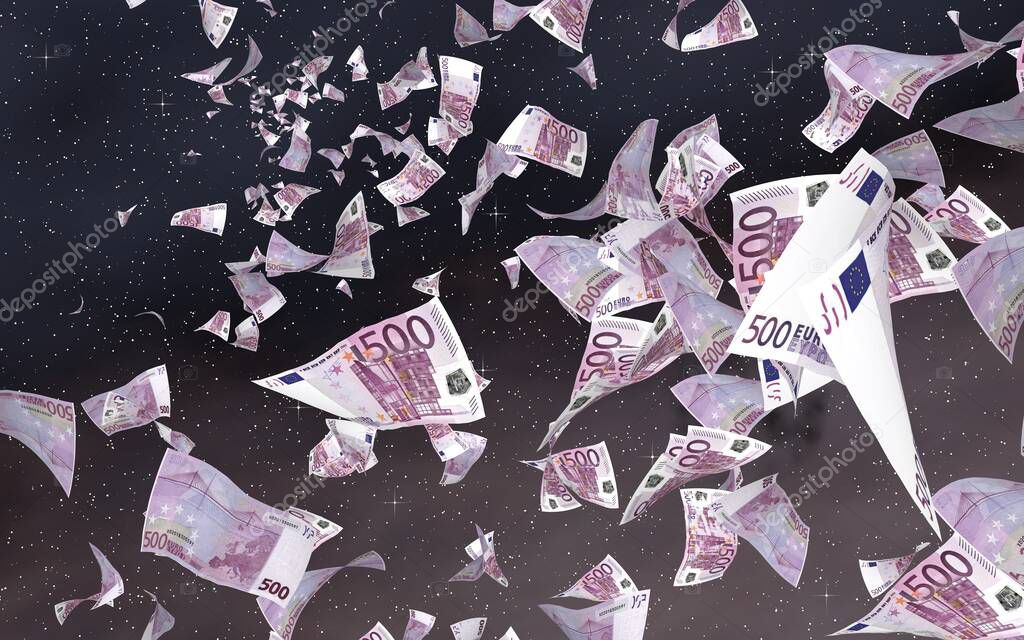 Billetes en euros voladores sobre un fondo estrellado del espacio ...