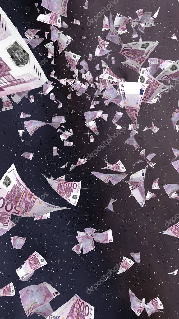 Billetes en euros voladores sobre un fondo estrellado del espacio ...