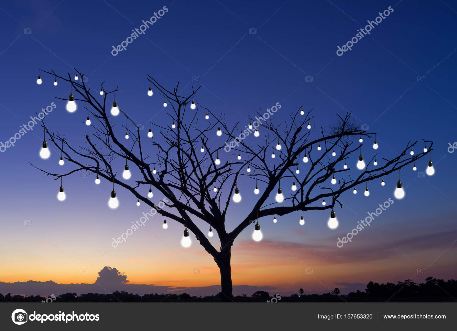 Silhouettes trees with bulb light. — Stock Photo © nirutdps #157653320