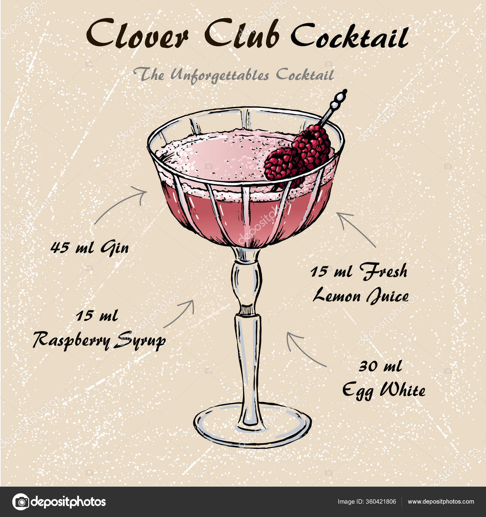 Clover Club cocktail recipe vector with raspberries 2 Stock Vector ...