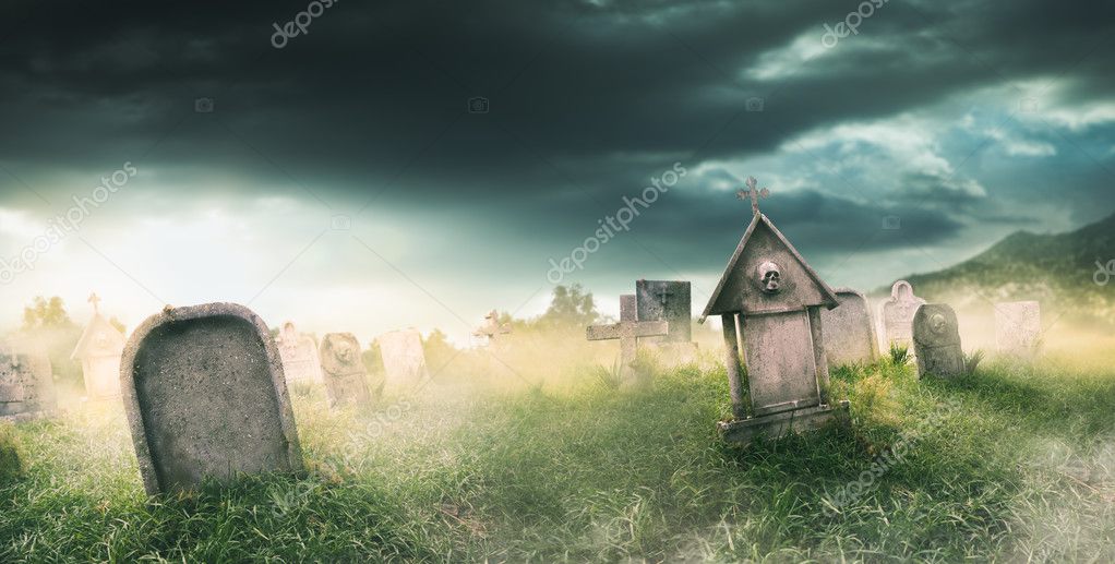 Gravestone with fog and lighting Stock Photo by ©fergregory 126947402