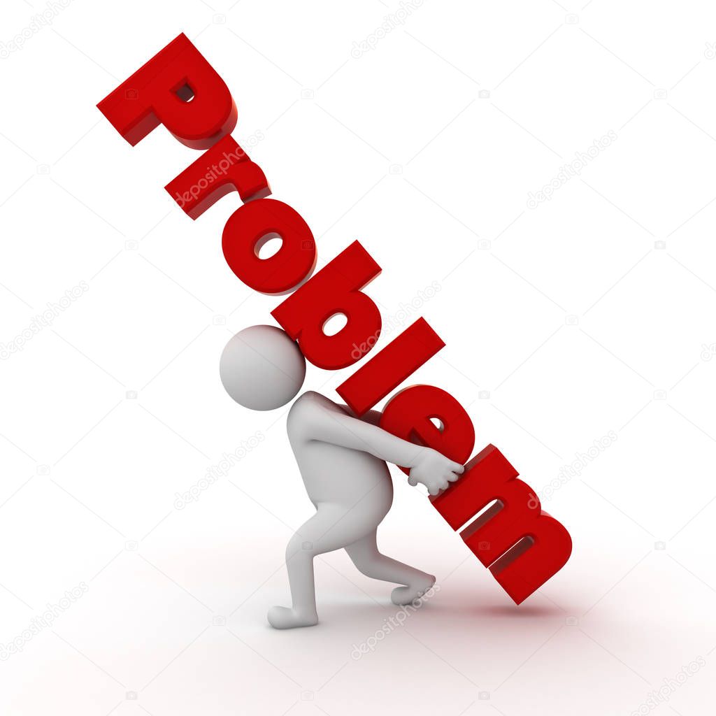 3d man carrying big red word problem on his back isolated on white ...