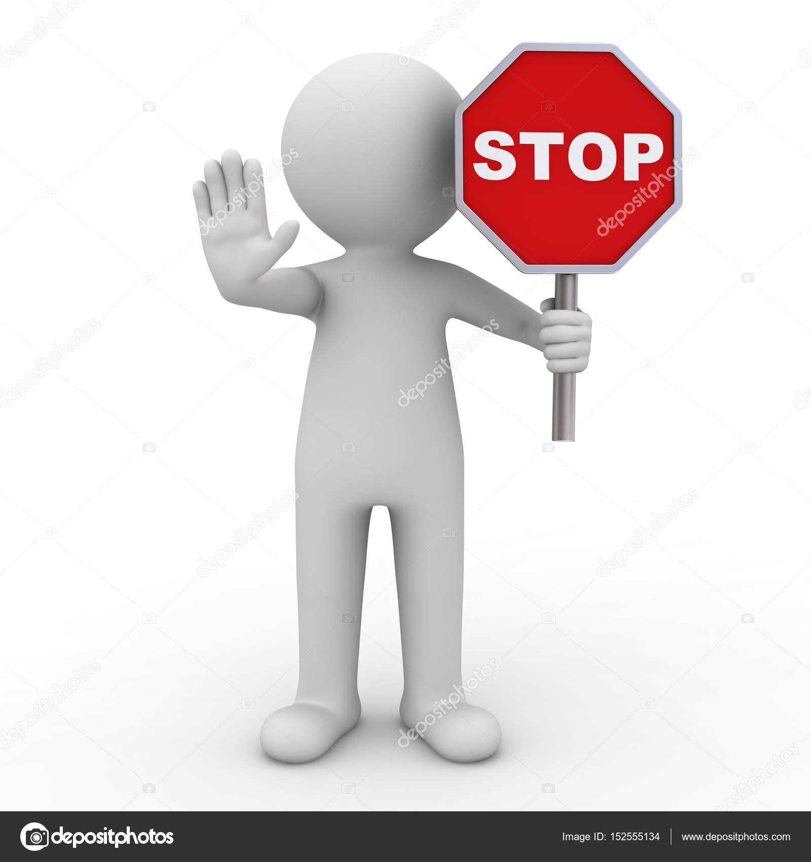 3d man showing stop gesture and holding stop sign over white background ...