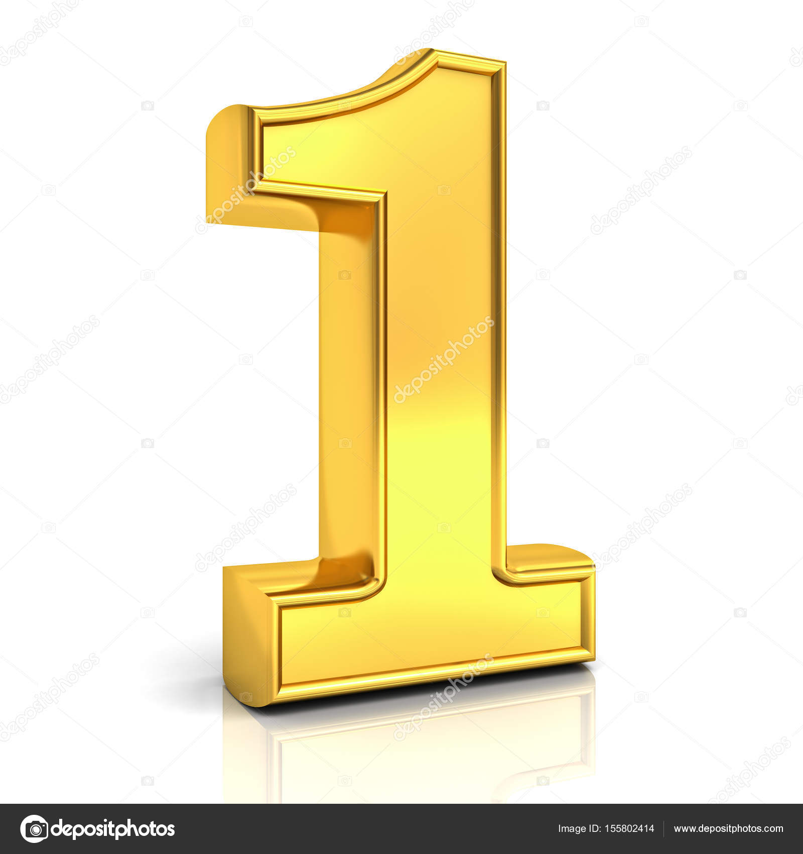 Oro 3D número uno, 1 aislado sobre fondo blanco con reflejo y sombra ...