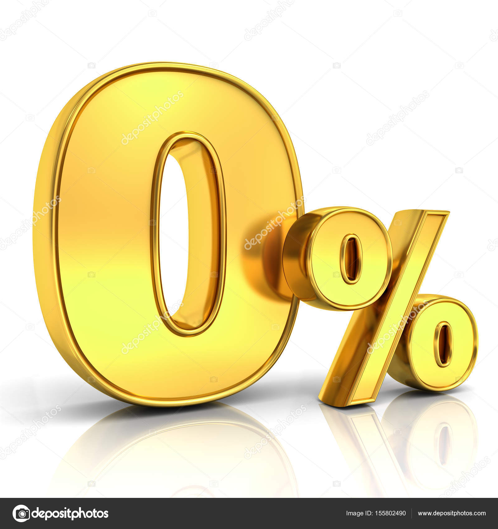 Gold zero percent or 0 % isolated over white background with shadow and ...