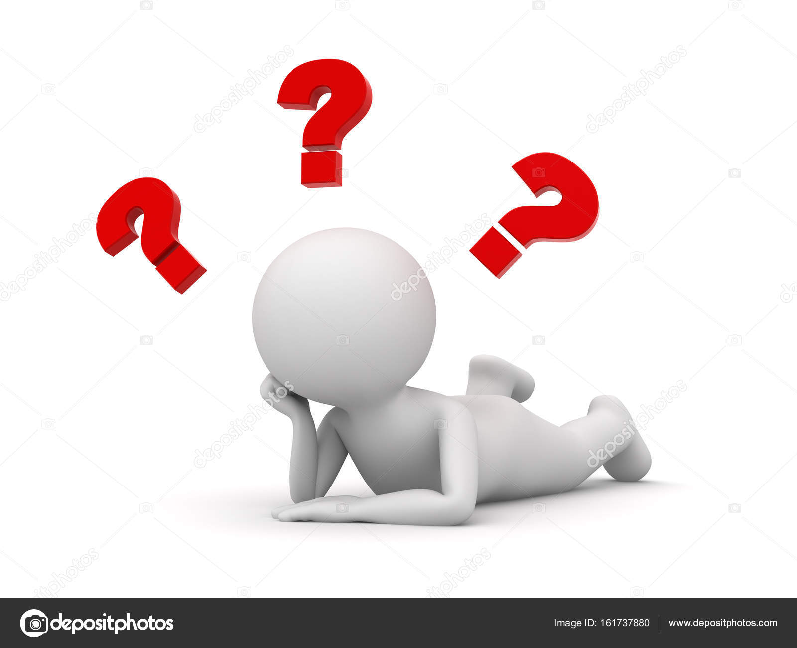 Fotos de 3d hombre acostado sobre su estómago y pensando con signos de ...