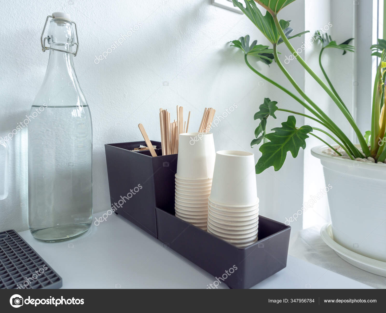 Self Service Set Cafe Glass Bottle Drinking Water Wooden Coffee Stock ...