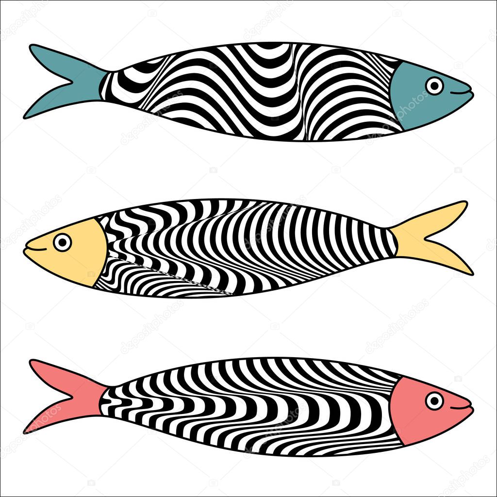 Icono tradicional portugués. Sardinas de colores con patrones típicos ...