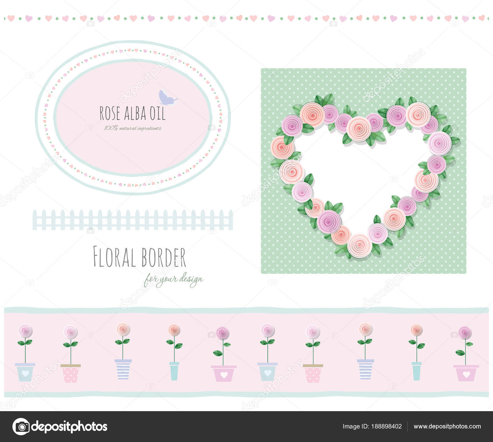 Floral borders, frames and decorative elements set. Included polka dots ...