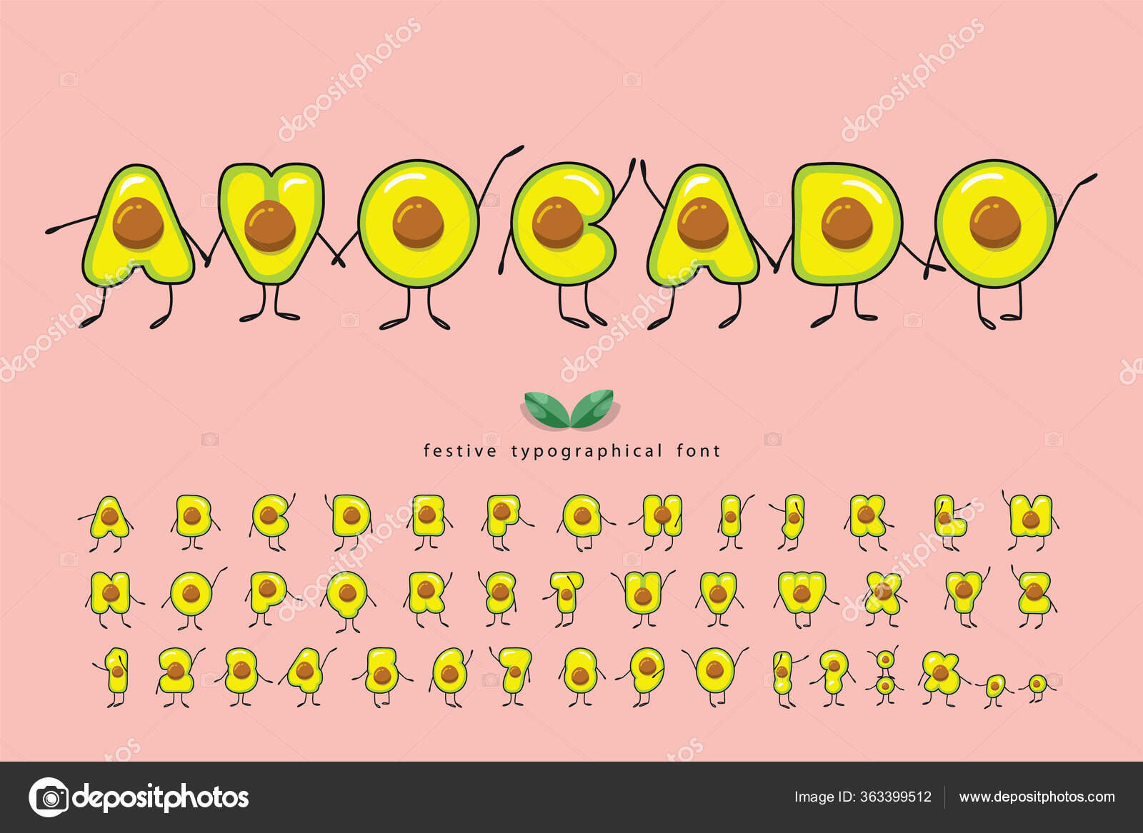 Avocado summer font. Funny characters. Cartoon alphabet. Natural ...