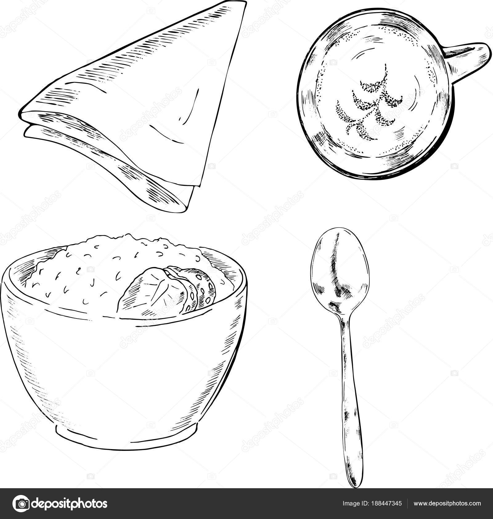 Images: porridge cartoon | Breakfast Set Drawn Ink Cartoon Line Sketch ...