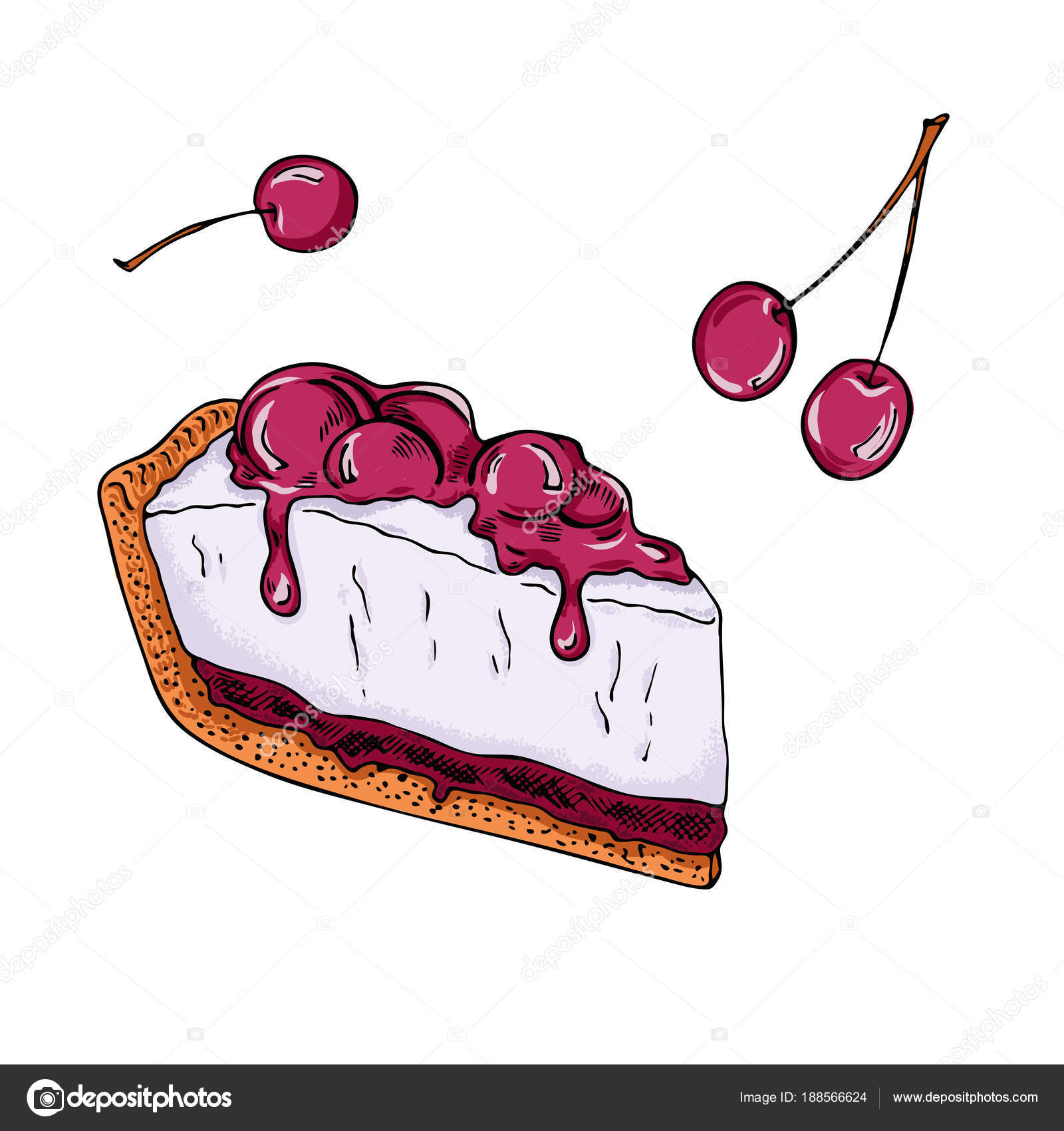 Cheesecake Piece Cherry Jam Cherry Berries White Background Hand Drawn ...