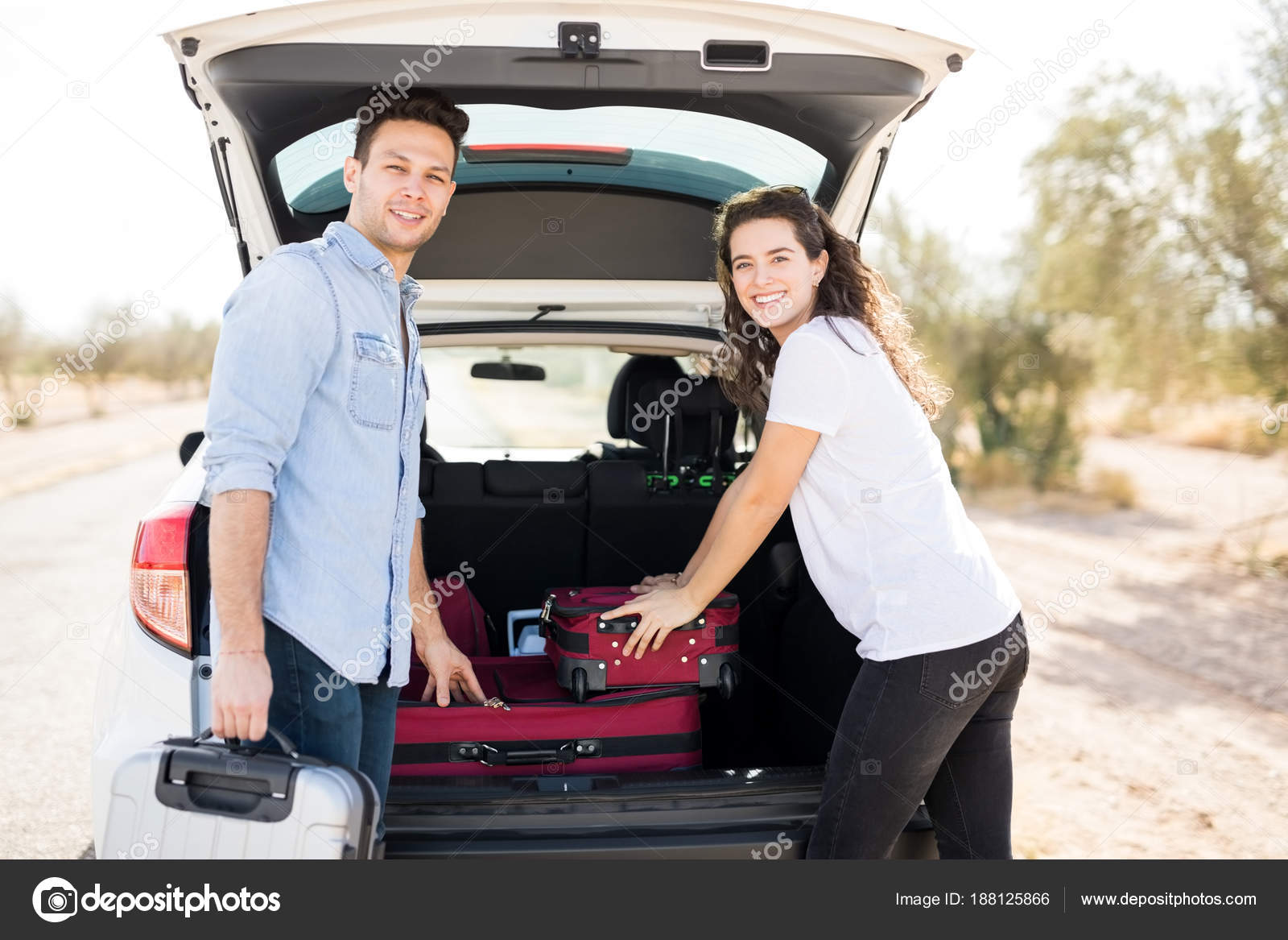 Man Woman Loading Suitcases Car Trunk Road Trip — Stock Photo ...