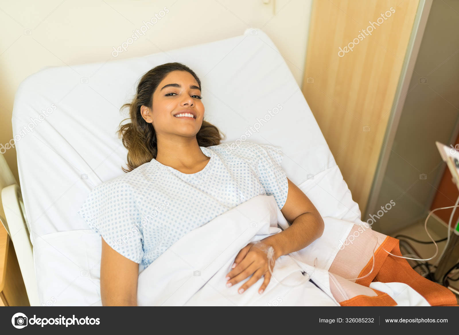 Smiling Unwell Patient Drip While Lying Bed While Recovering Hospital ...