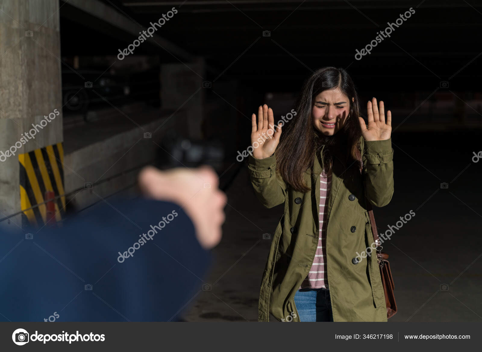 Scared Woman Eyes Closed Arms Raised Front Robber Gun Dark — Stock ...