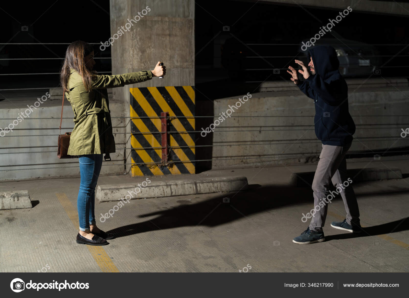 Full Length Side View Woman Pepper Spray Defending Herself Robber Stock ...