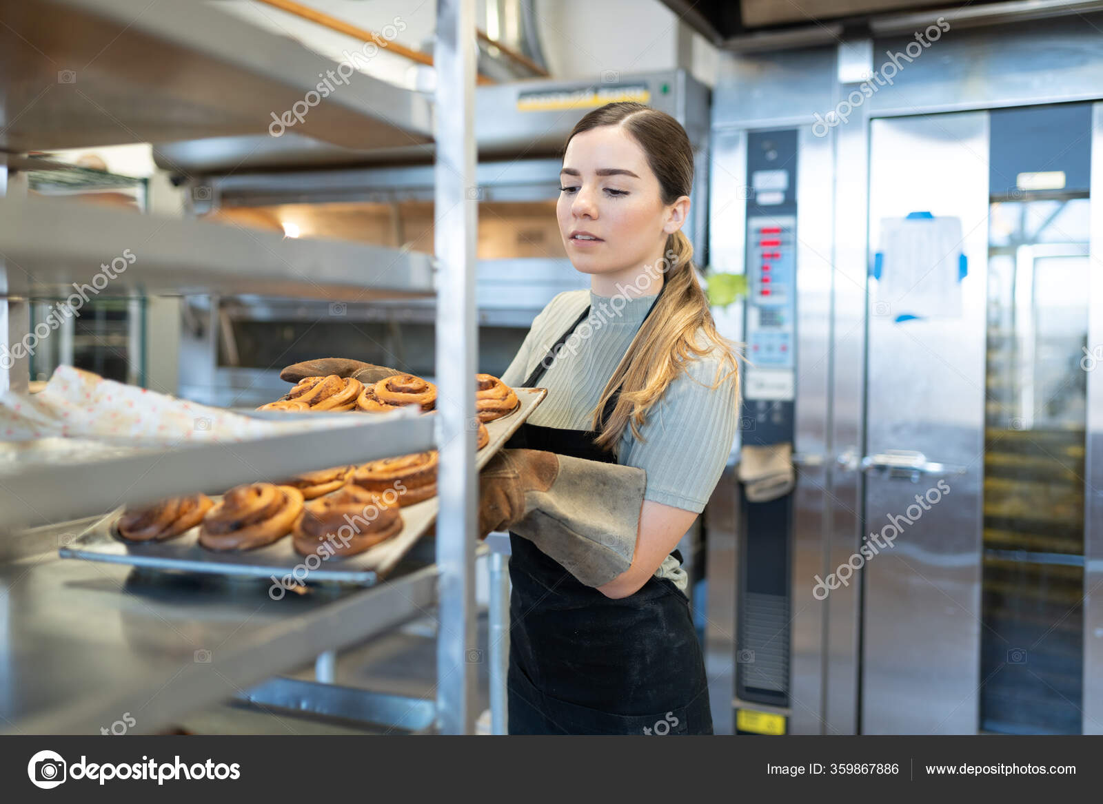 Good Looking Young Baker Setting Hot Tray Baked Bread Cooling — Stock ...