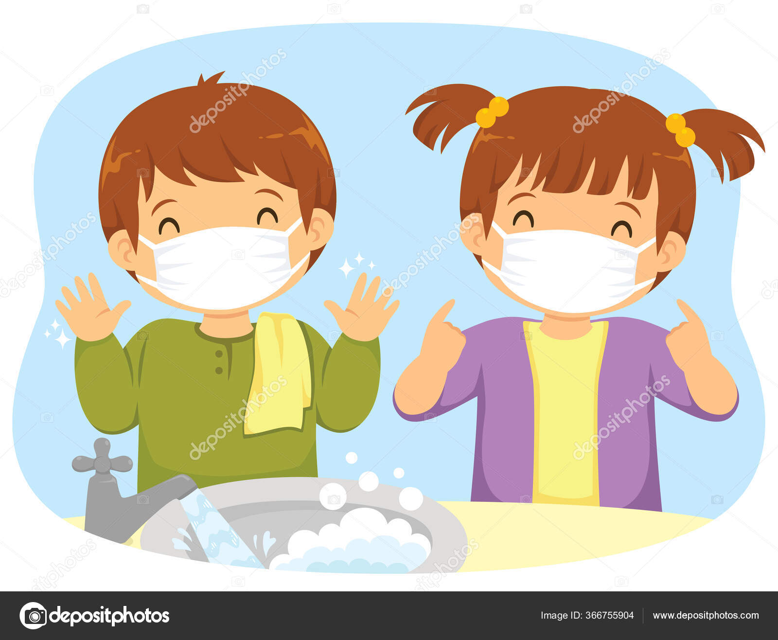 Kids Wearing Medical Masks Washing Hands Protect Covid Coronavirus ...
