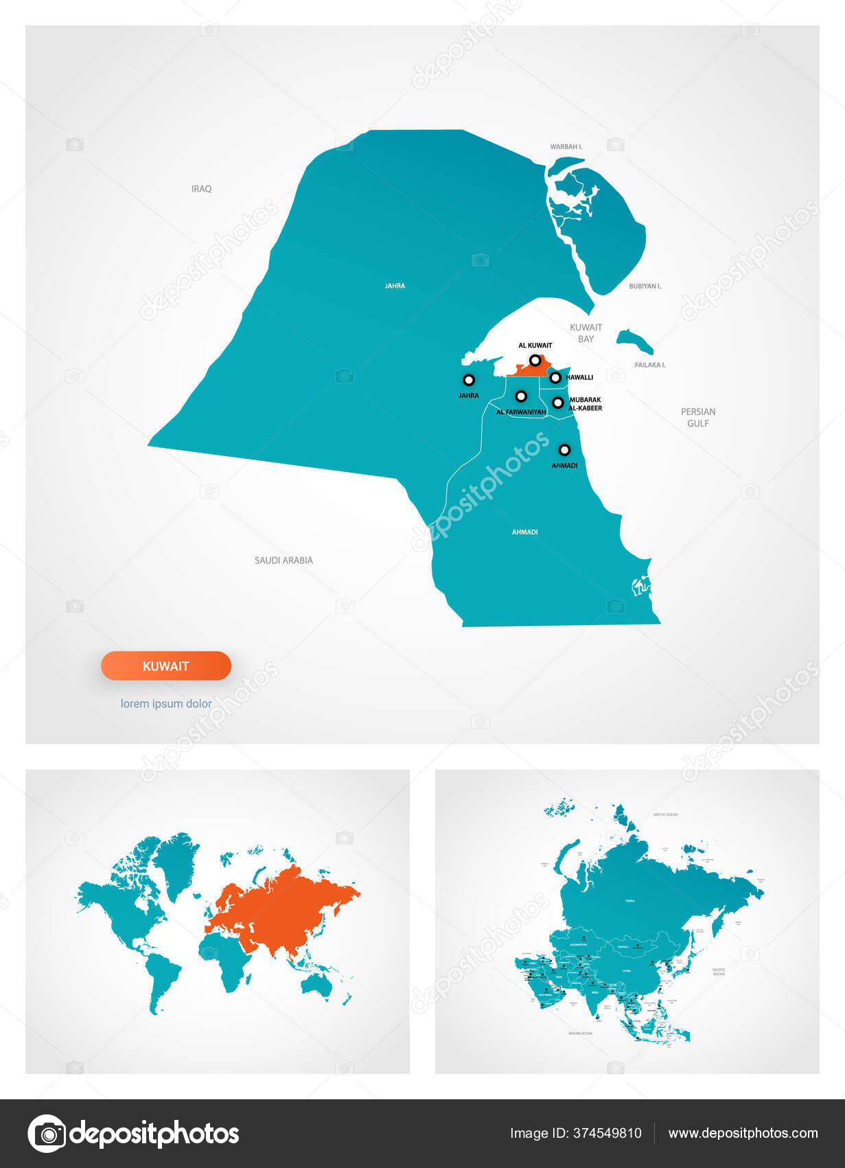 Upravitelná Šablona Mapy Kuvajtu Značkami Kuvajt Mapě Světa Mapě Asie ...