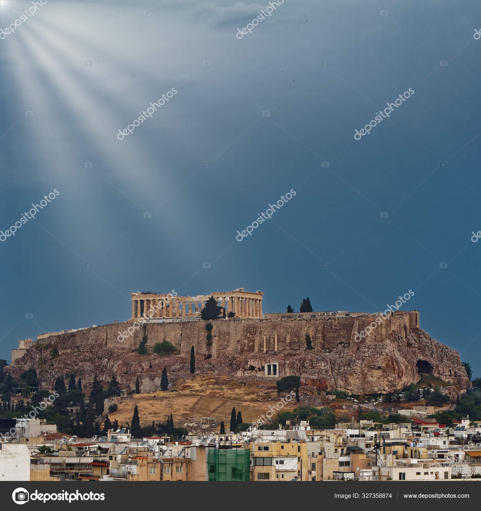 Athens Greece Acropolis Sun Rays Rainy Day — Stock Photo © DimitriosP ...
