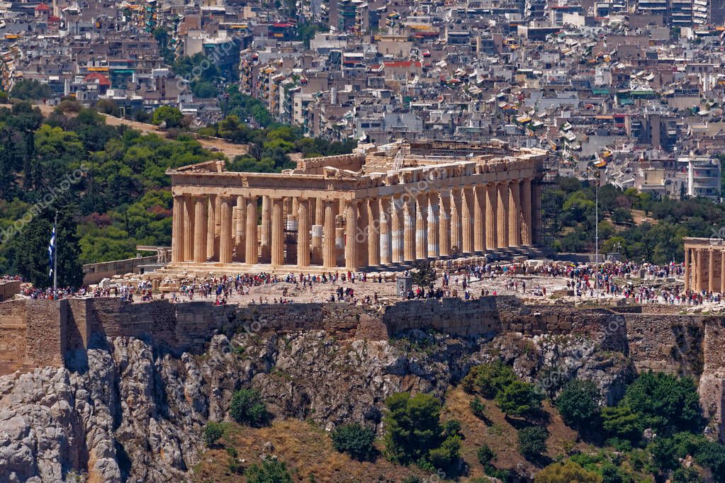 Partenón antiguo templo en acrópolis de Atenas Grecia, vista aérea del ...