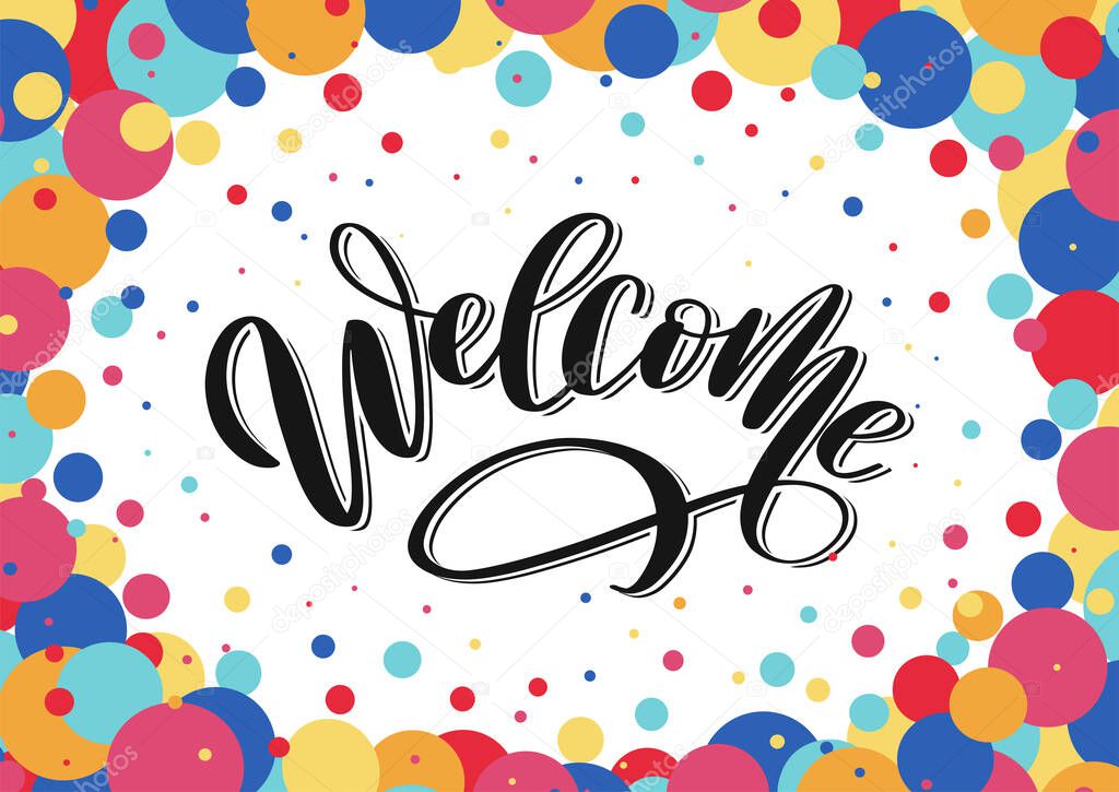 Letrero de bienvenida sobre fondo de confeti. Cartel tipográfico de ...