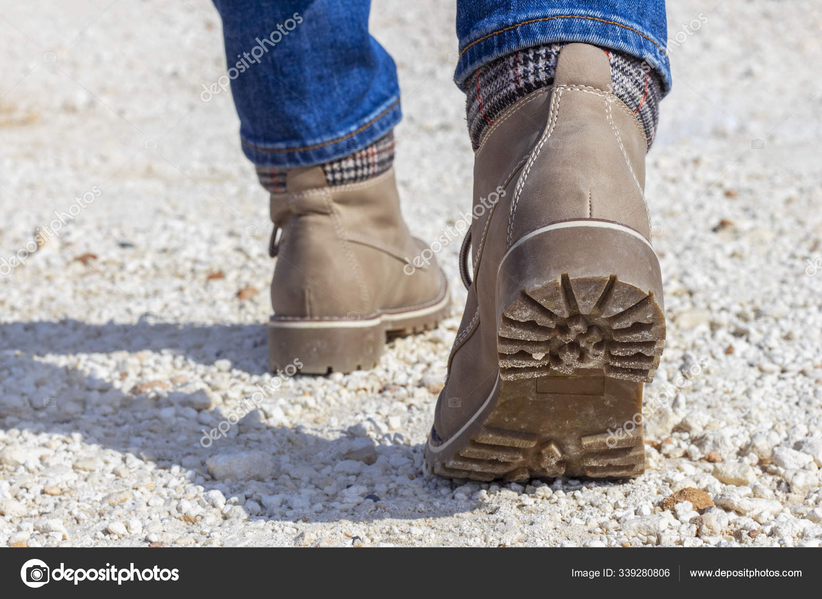 Leather Boots Close Rear View Boots Tread White Rocky Path — Stock ...