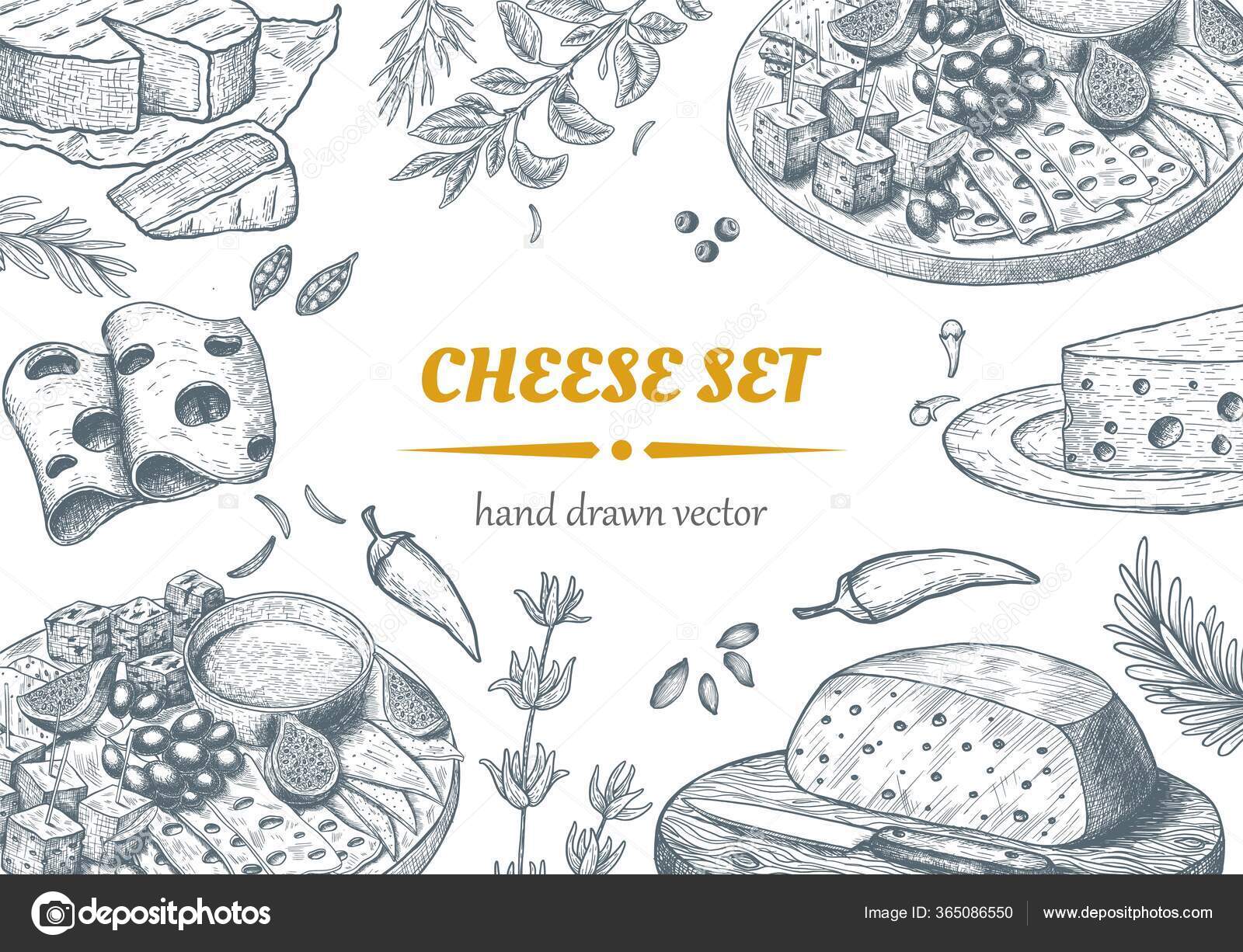 Set of cheese top view frame. Vector illustration. Engraved ...