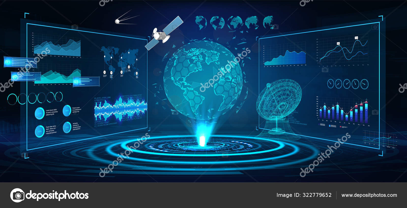 Futuristic Earth globe hologram and HUD interface panels Stock Vector Image by ©sergeybitos.mail ...