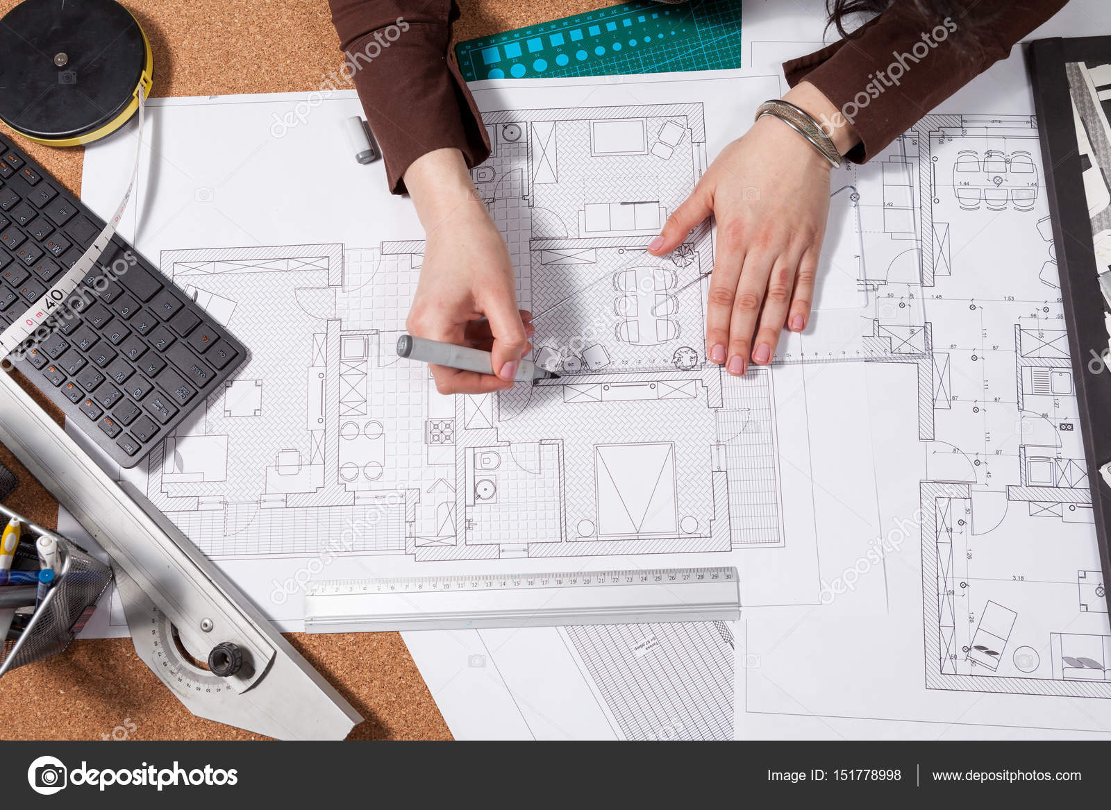 Architect Plans On Desk Top View Of Architect Working At Her Desk With
