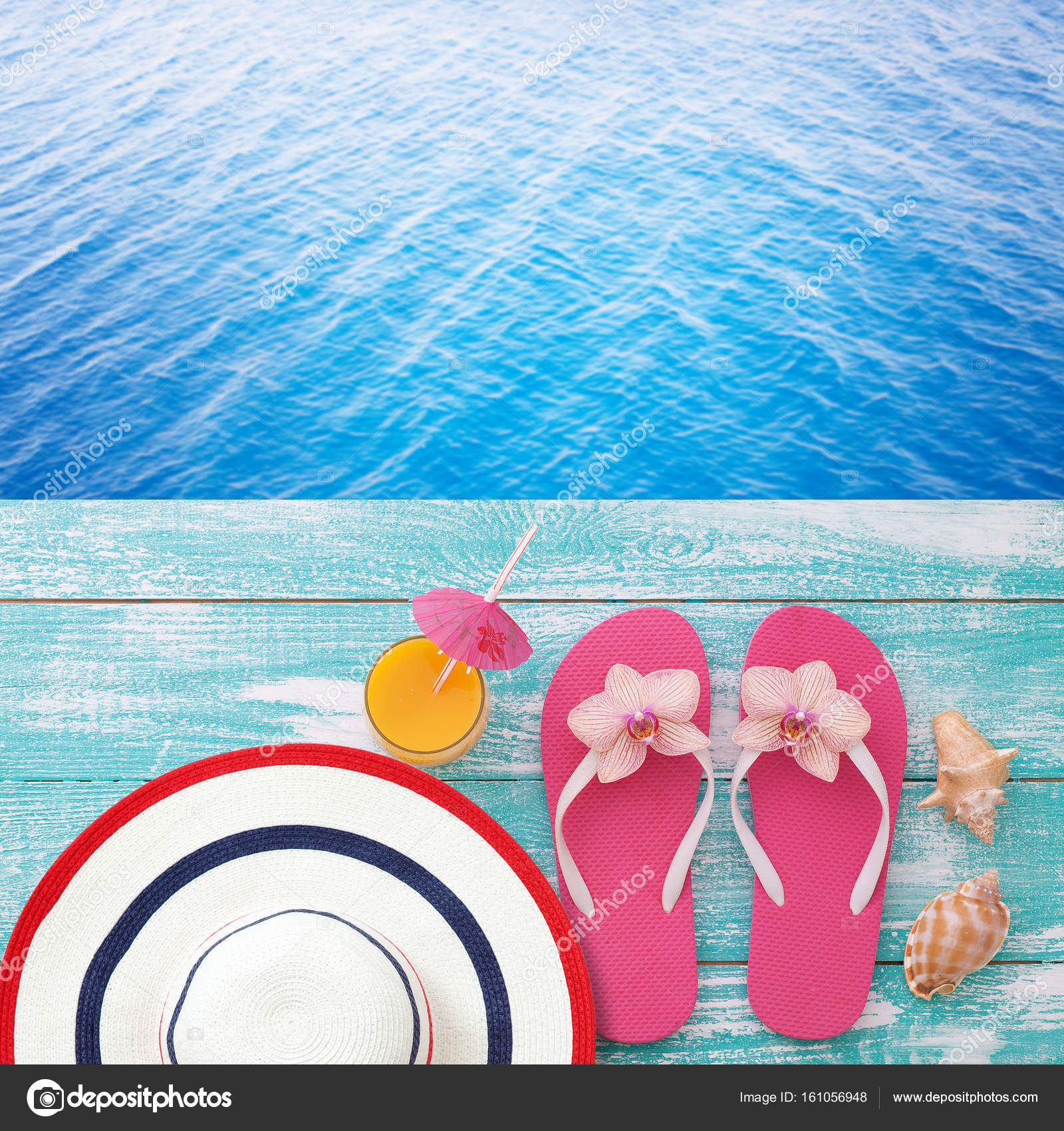 Summer fun time and accessories on blue wooden background. Mock up ...