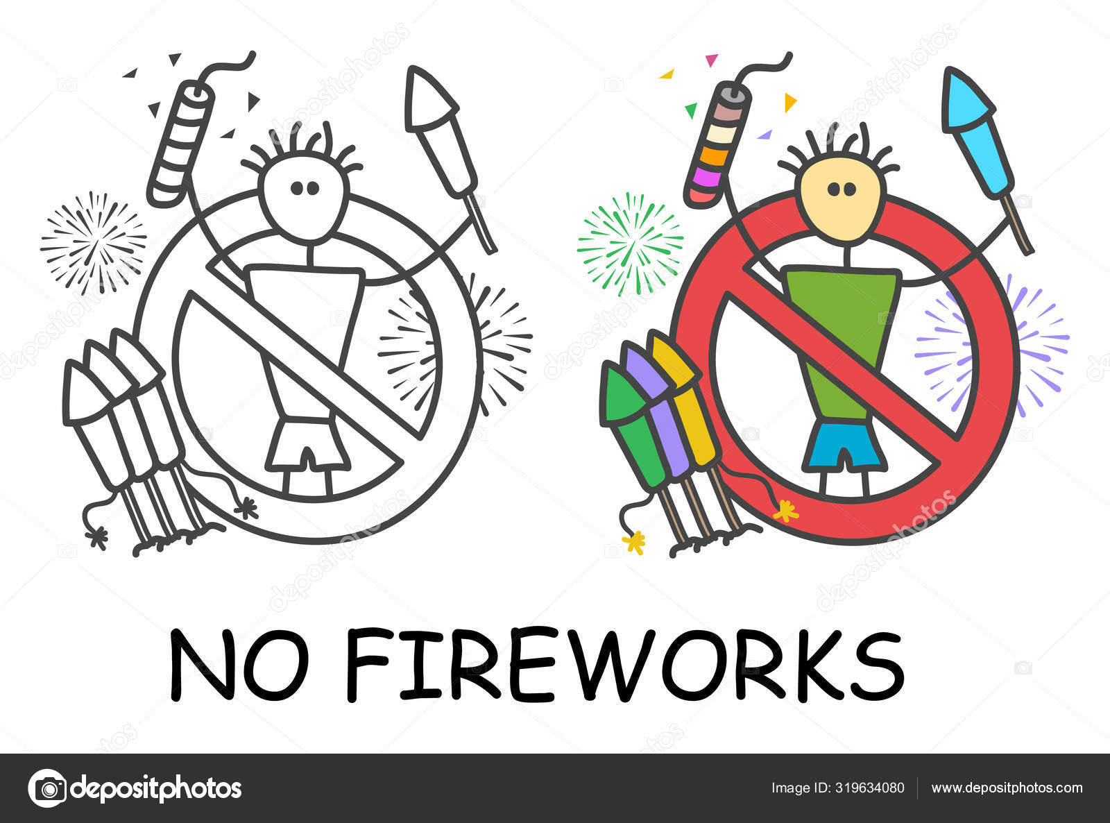 Funny vector stick man with a fireworks in children's style. No ... Funny vector stick man with a fireworks in children's style. No ...
