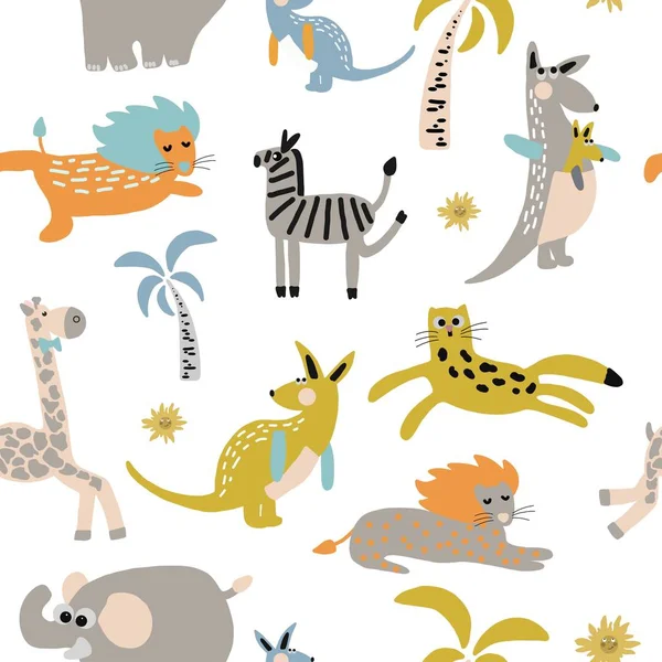Safari animals seamless pattern with cute hippo, crocodile, lion Stock ...
