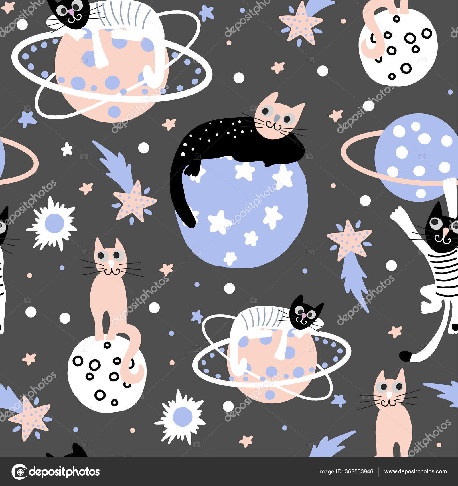 Hand Drawn Vector Illustration Cute Cartoon Seamless Pattern Cat Planet ...