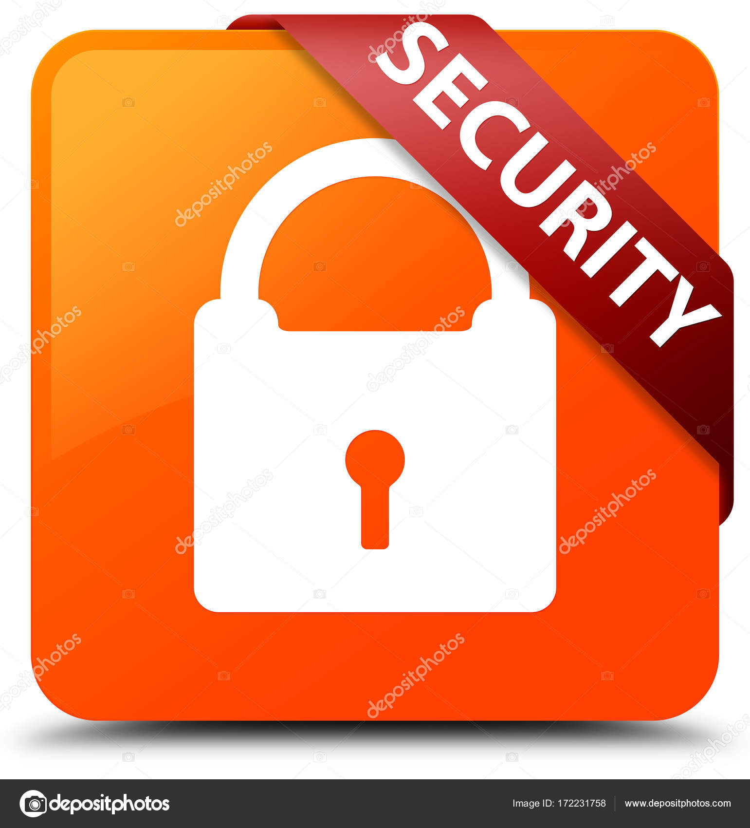 Security (padlock icon) orange square button red ribbon in corne ...