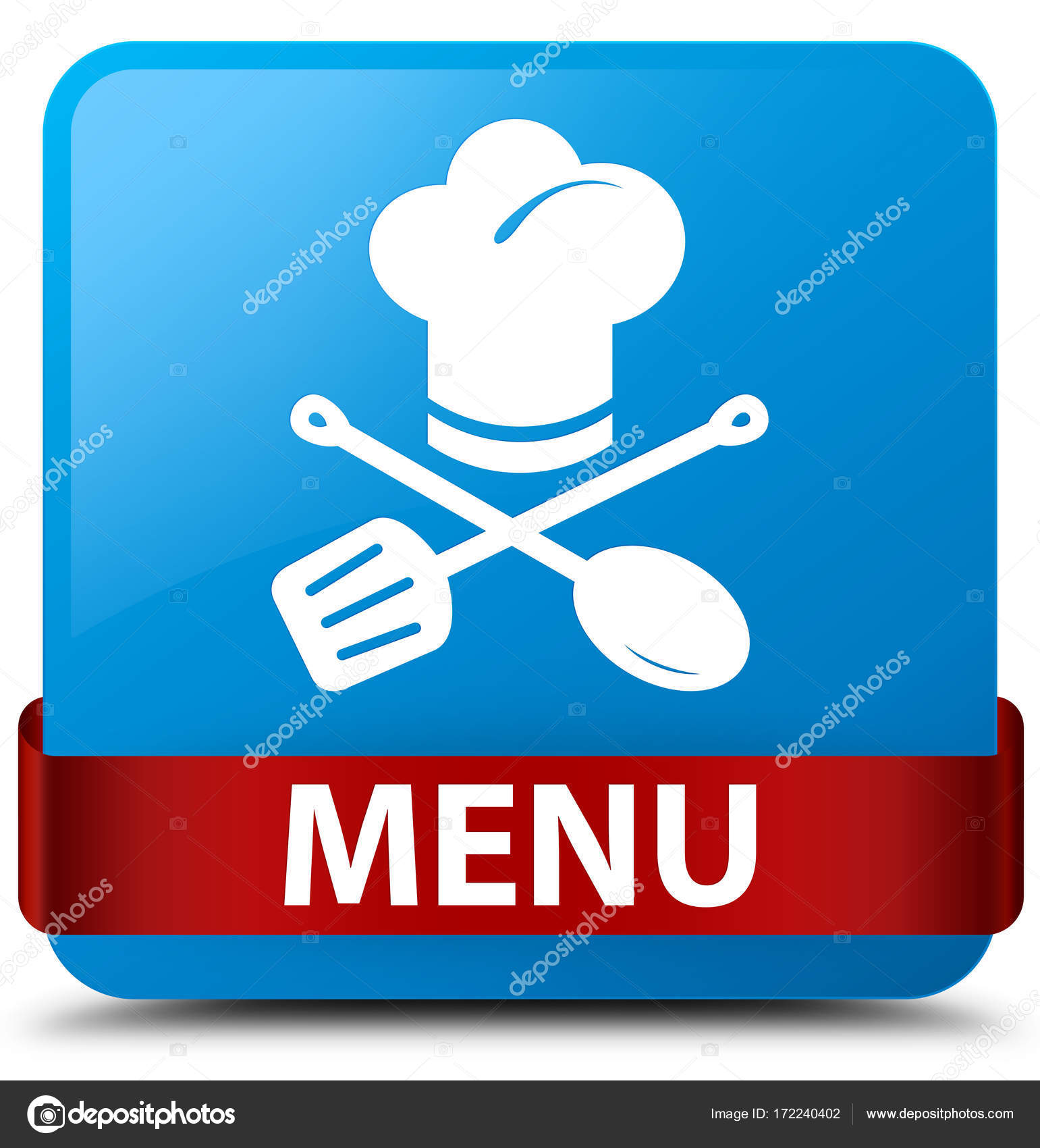 Menu (restaurant icon) cyan blue square button red ribbon in mid ...