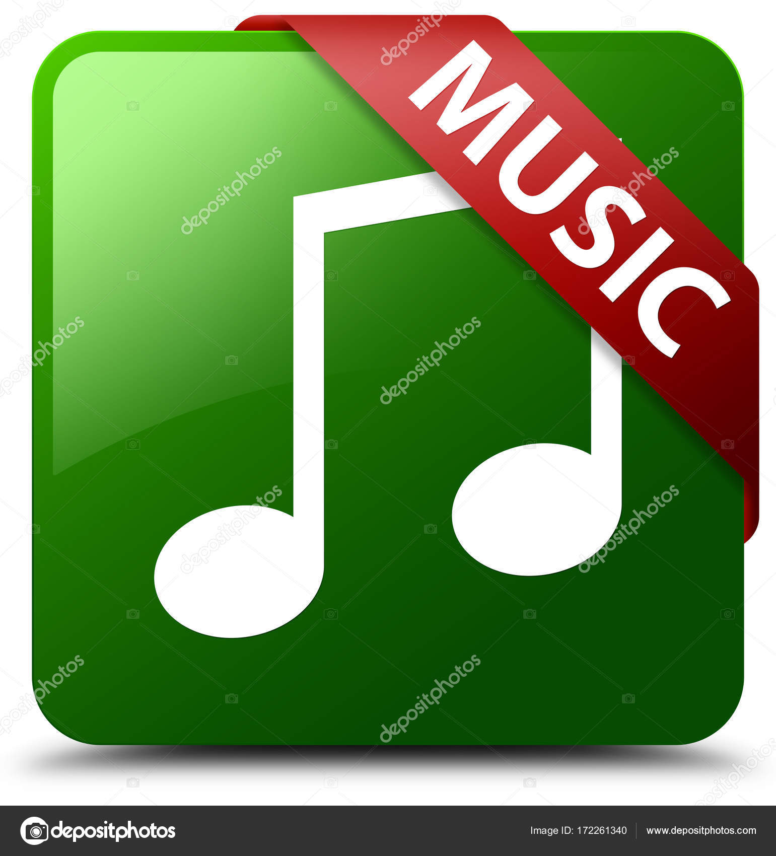 Music (tune icon) green square button red ribbon in corner — Stock ...