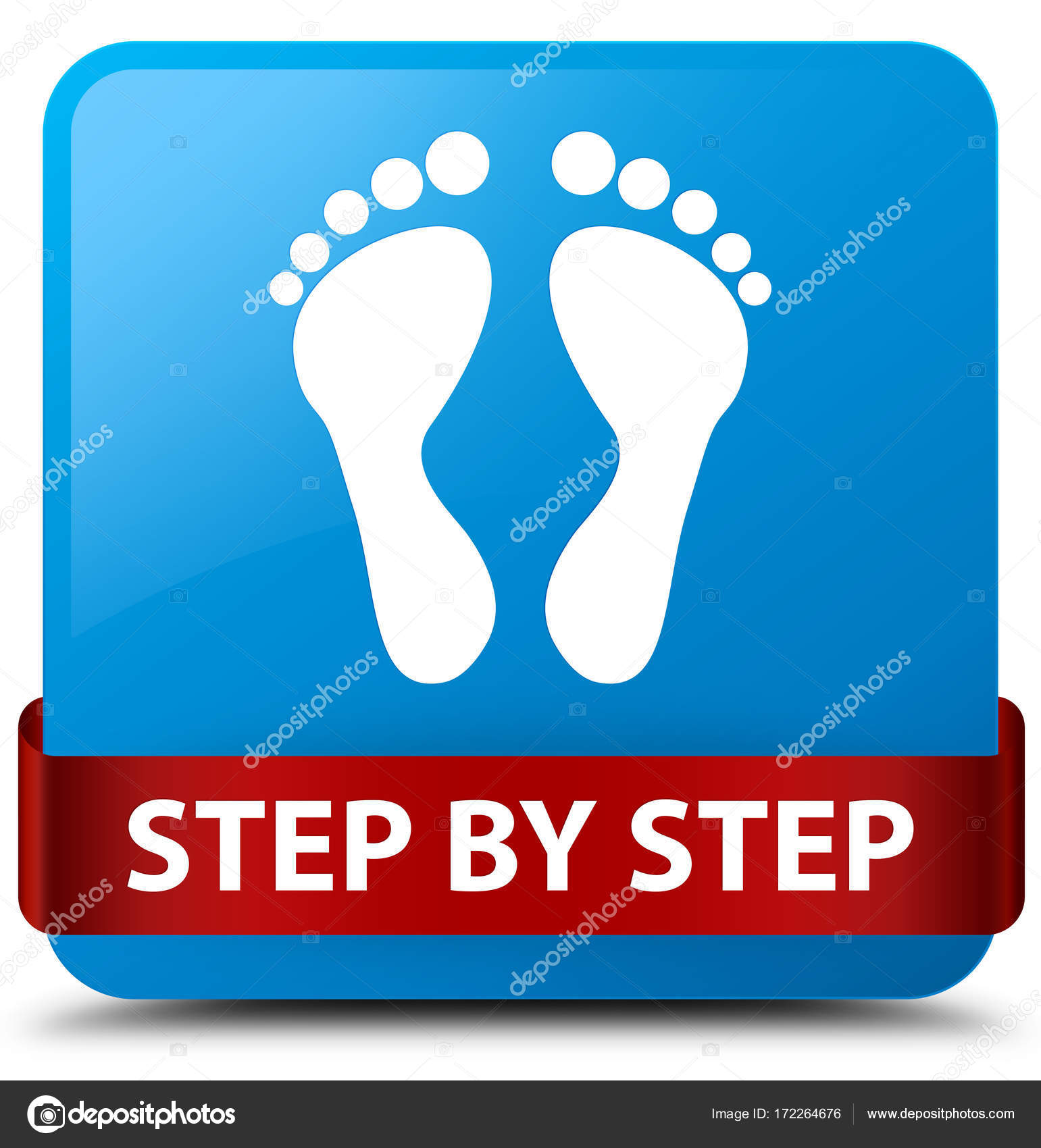 Step by step (footprint icon) cyan blue square button red ribbon ...