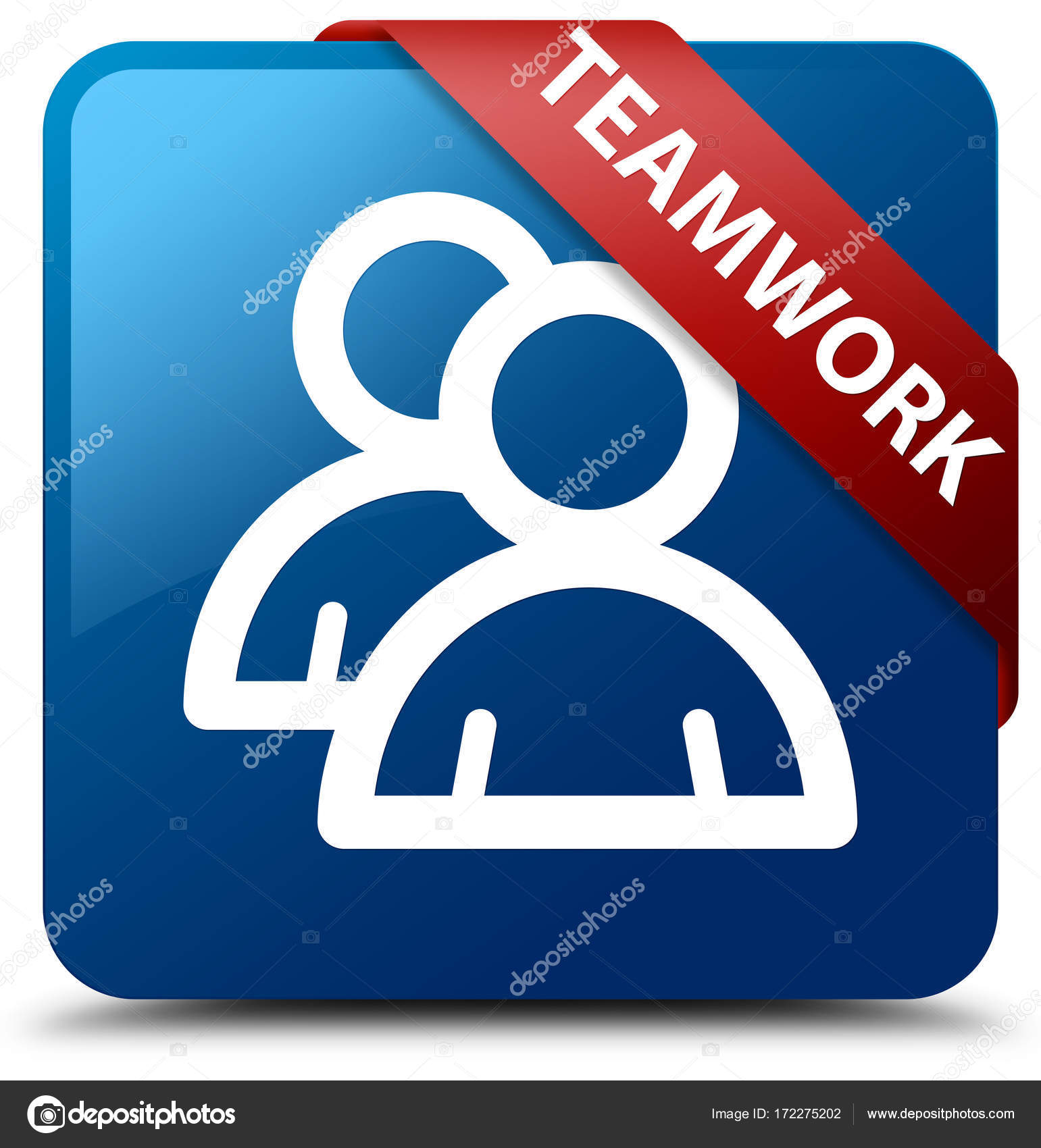 Teamwork (group icon) blue square button red ribbon in corner — Stock ...