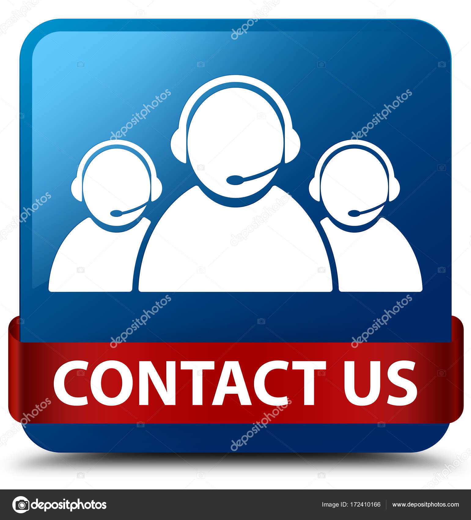 Contact us (customer care team icon) blue square button red ribb ...