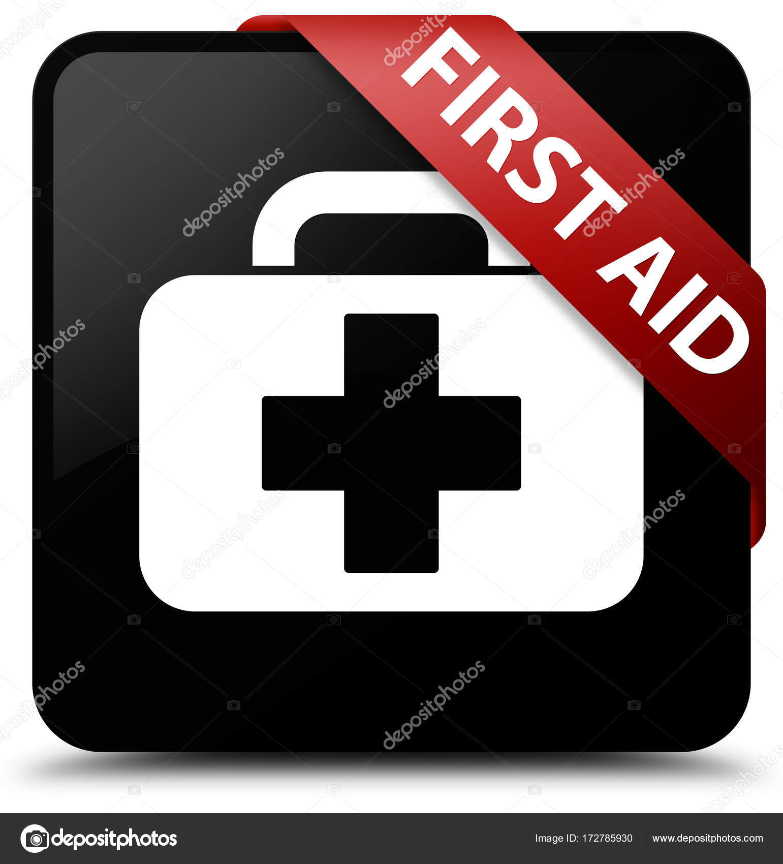 First aid black square button red ribbon in corner — Stock Photo © FR ...
