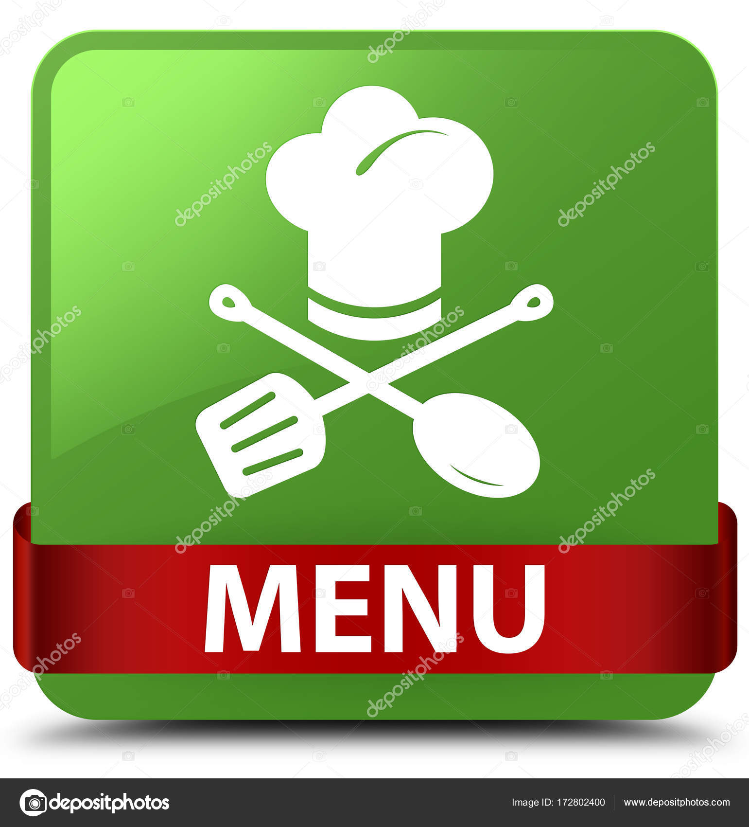 Menu (restaurant icon) soft green square button red ribbon in mi ...