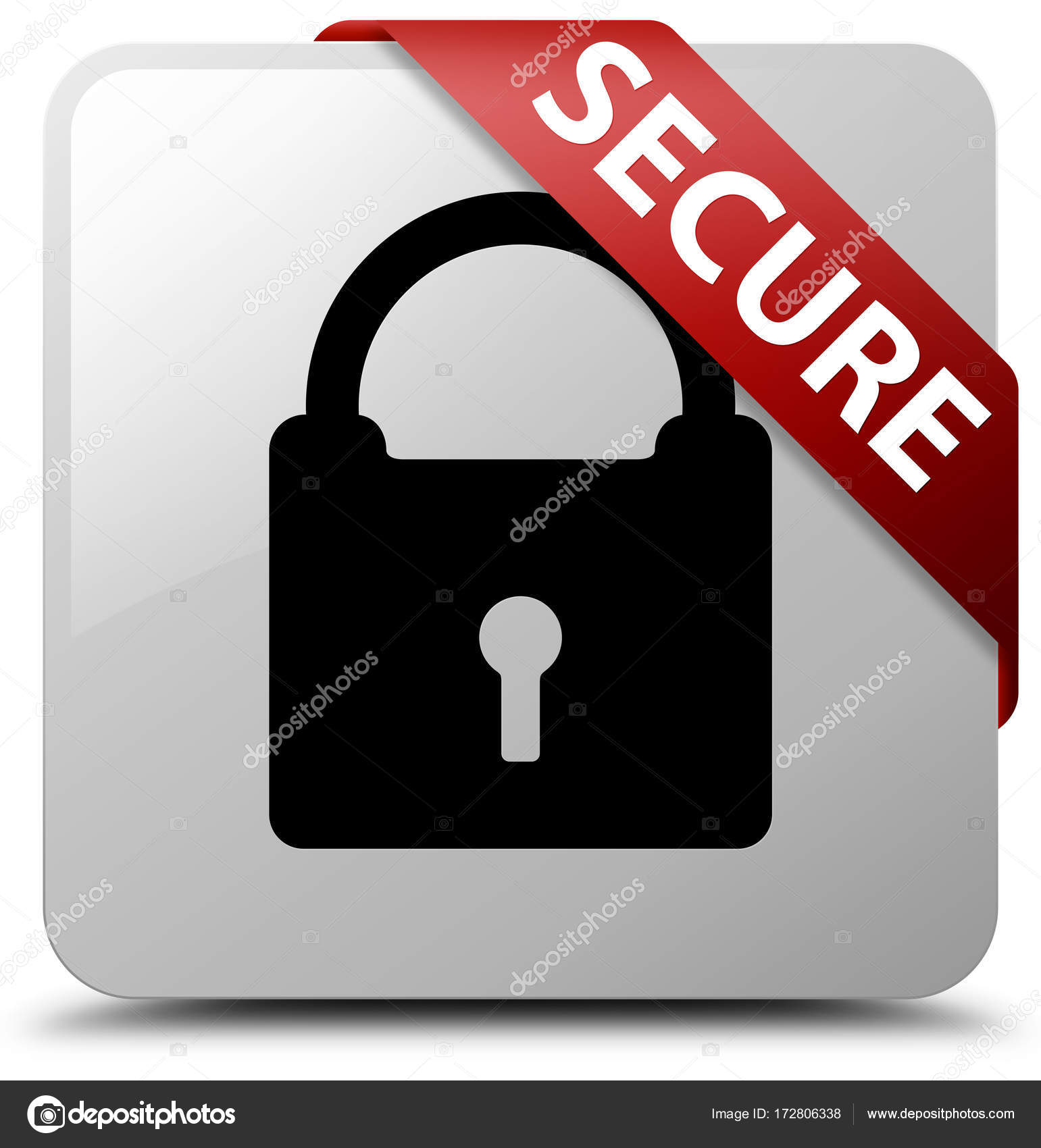 Secure (padlock icon) white square button red ribbon in corner — Stock ...