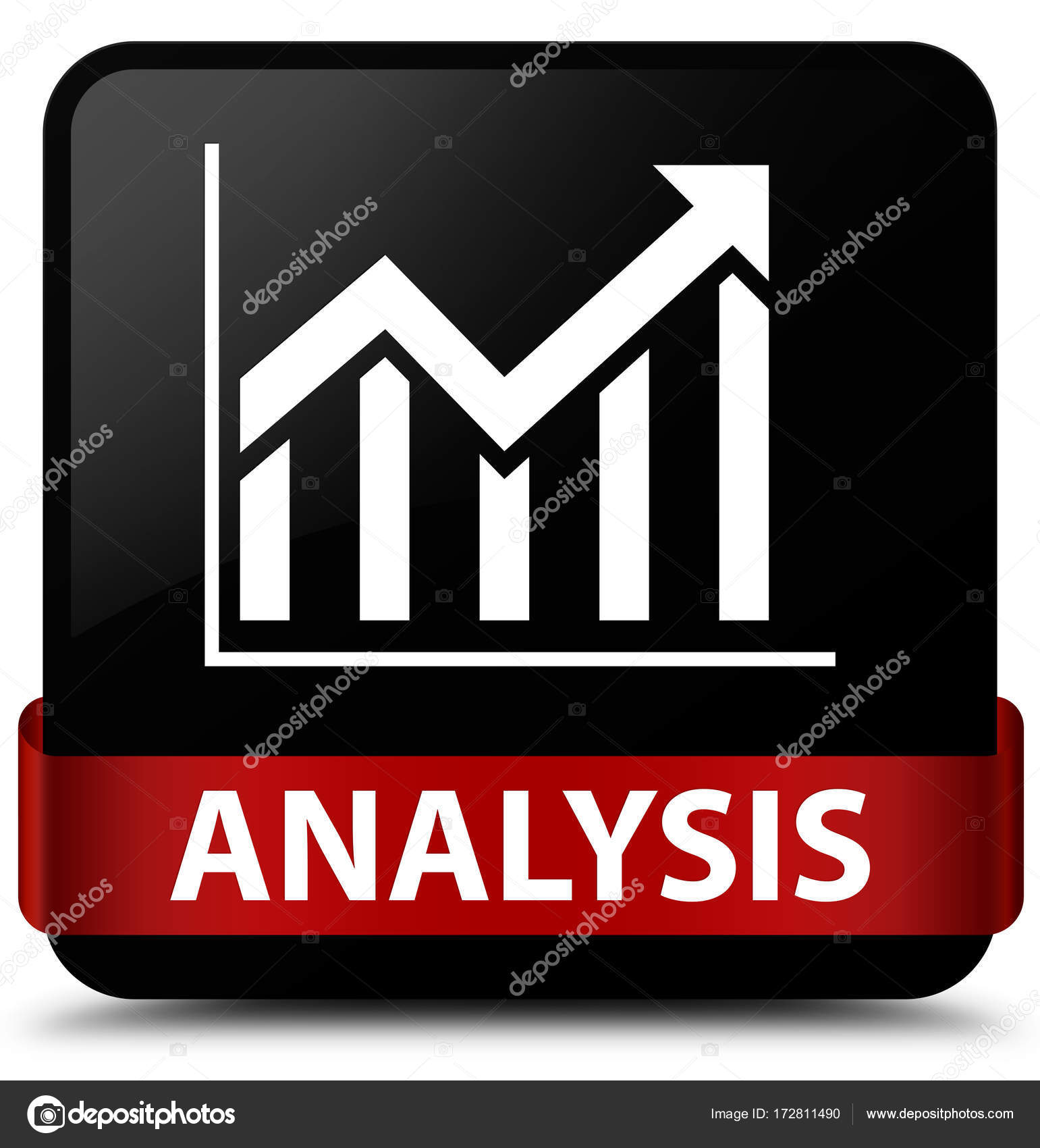Analysis (statistics icon) black square button red ribbon in mid ...