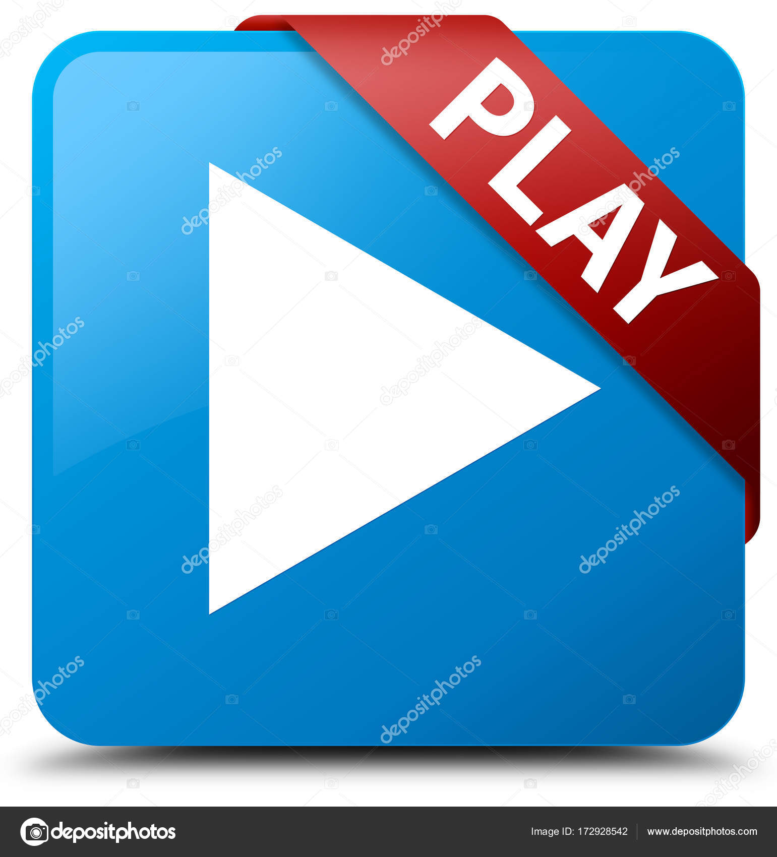 Play cyan blue square button red ribbon in corner — Stock Photo © FR ...