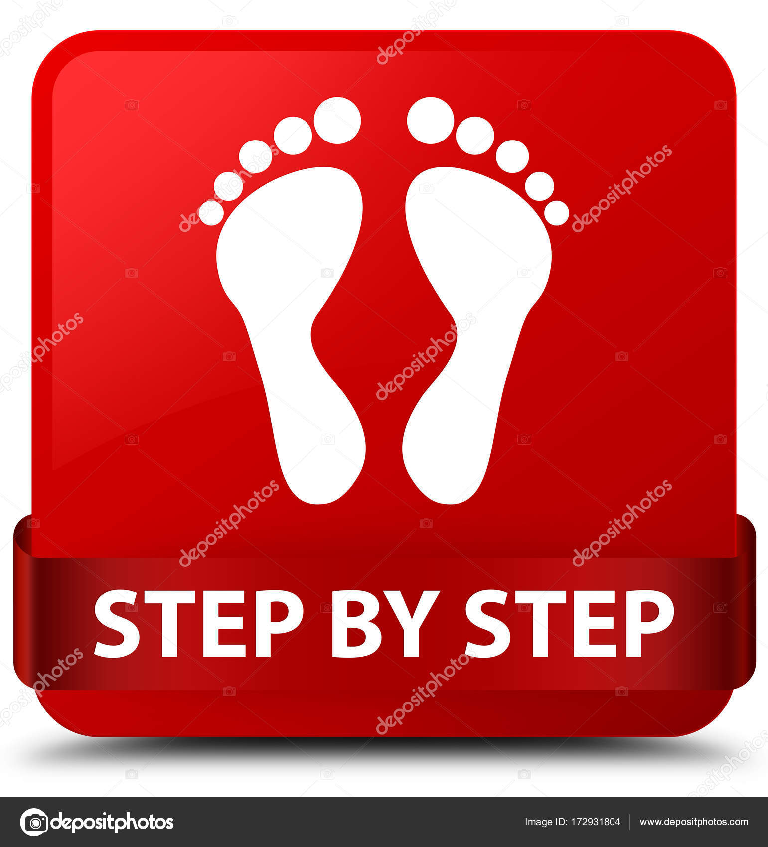 Step by step (footprint icon) red square button red ribbon in mi ...