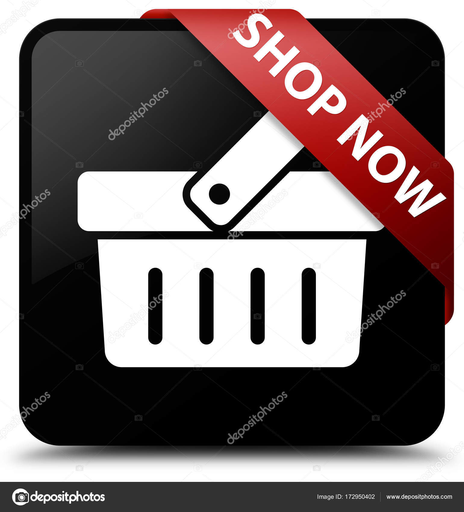 Shop now black square button red ribbon in corner — Stock Photo © FR ...