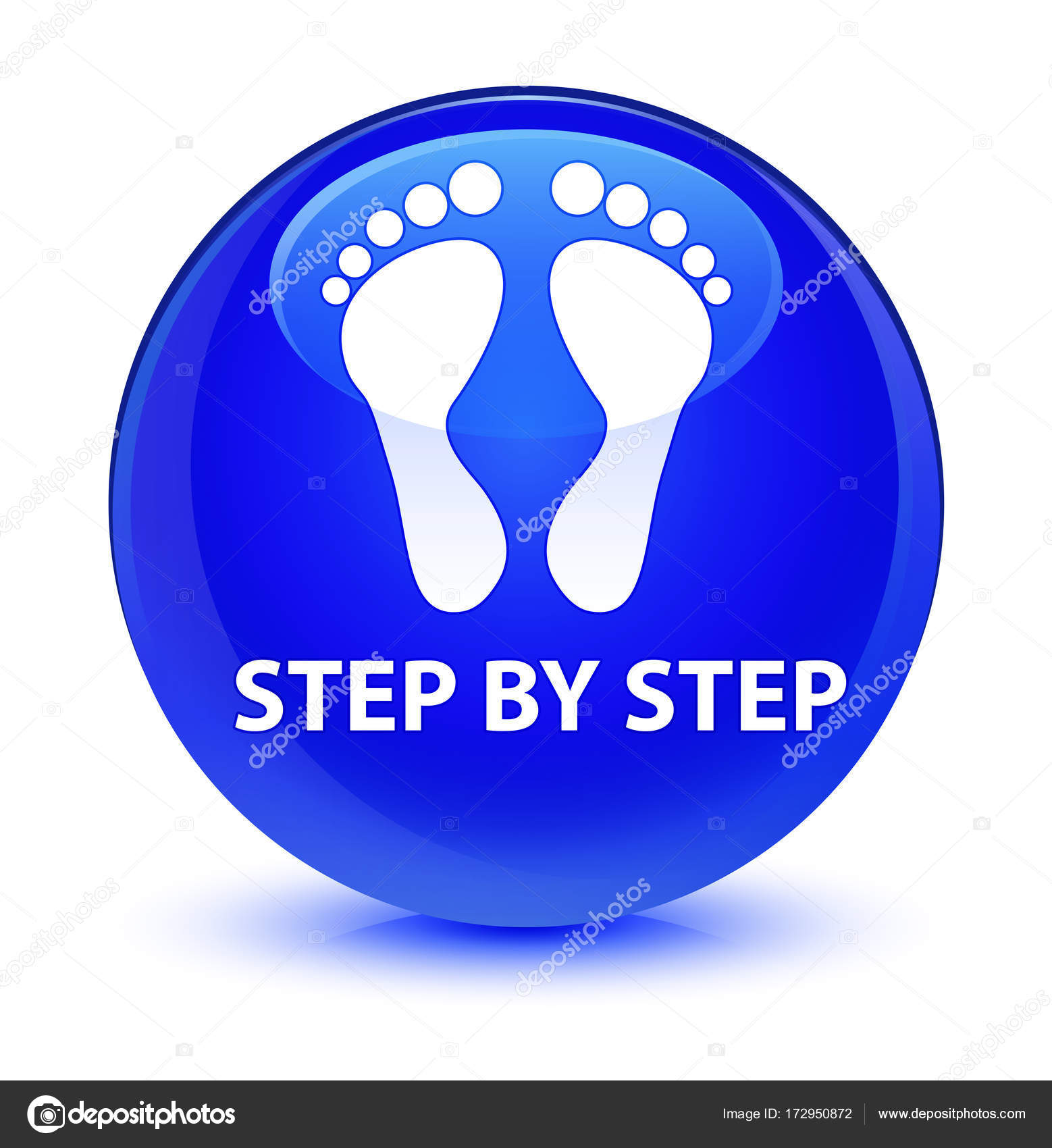 Step by step (footprint icon) glassy blue round button — Stock Photo ...